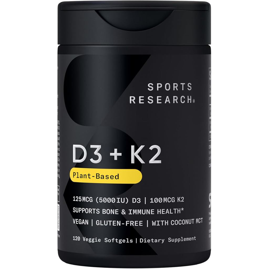 Sports Research Vitamin D3 with K2 Softgels - Plant Based K2 & Vegan D3 ...