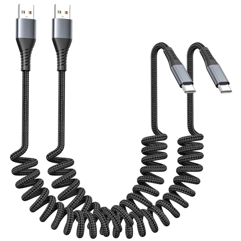 FOXSEA 2Pack USB C Charger for Car, Coiled USB A to USB-C Cable ...
