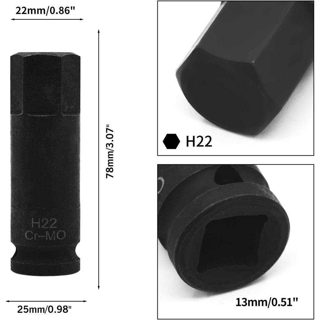 YXQ H22 (22mm) Hex Impact Bit Socket, 1/2-Inch Drive Allen Bit Socket ...