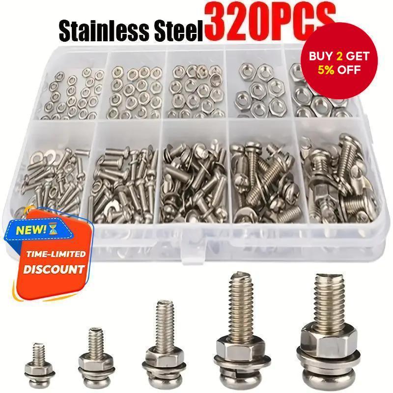 320-Piece Stainless Steel SS304 Screw and Nut Assortment Kit - M2 to M5 ...