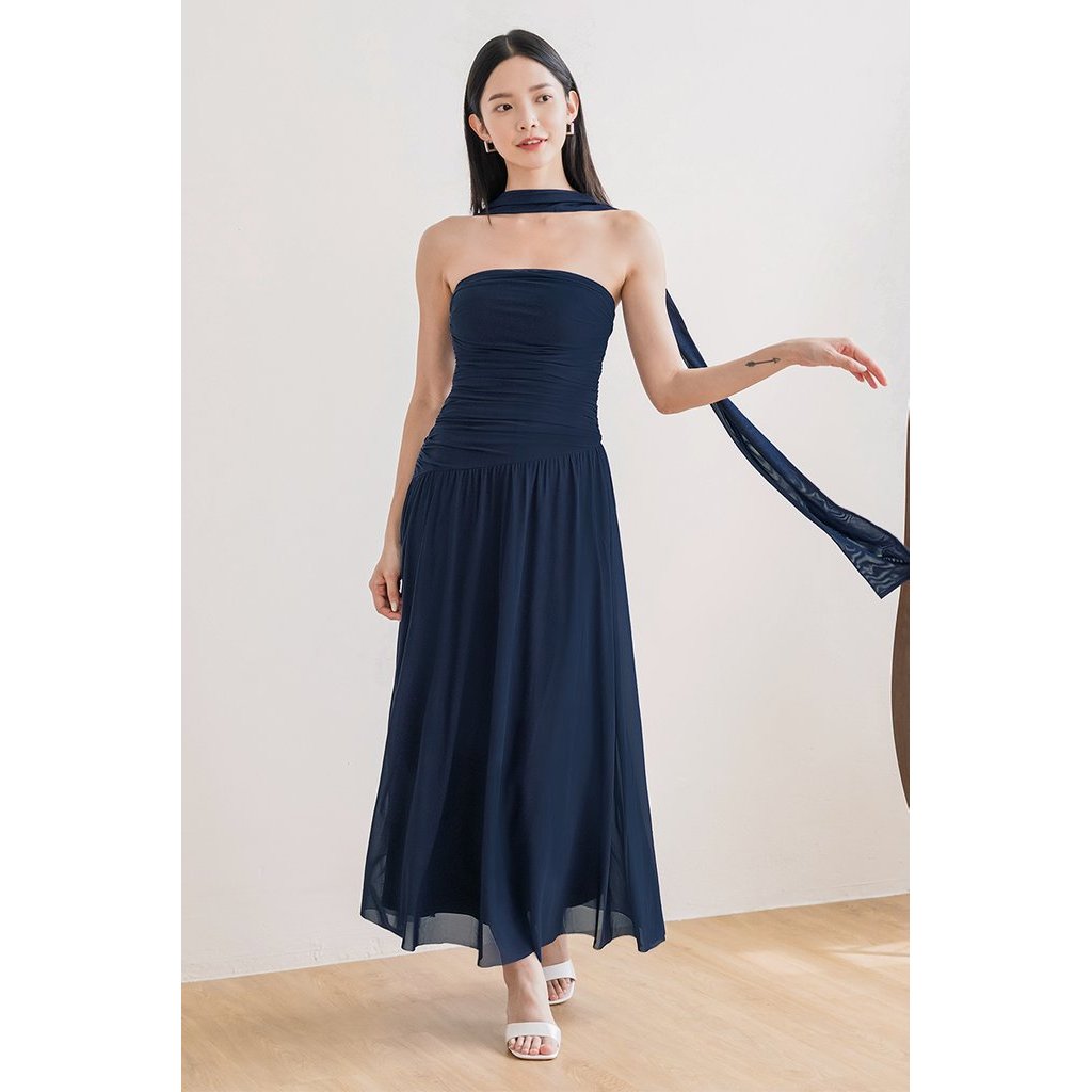 Dear Lyla Athelia Padded Ruched Mesh Tube Dress (Navy) | Shopee Singapore