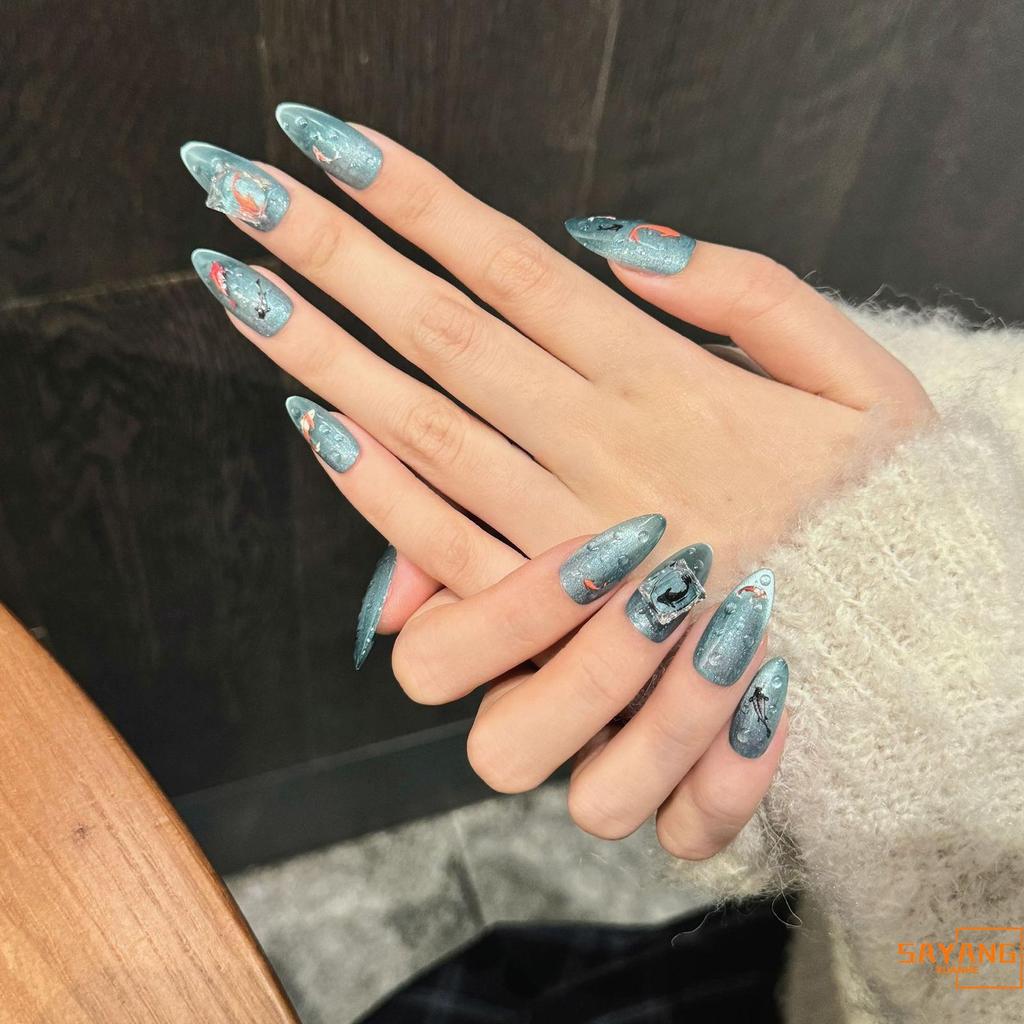 Glossy Blue Fake Nails with Koi Printed Sweet & Charming Reusable False ...