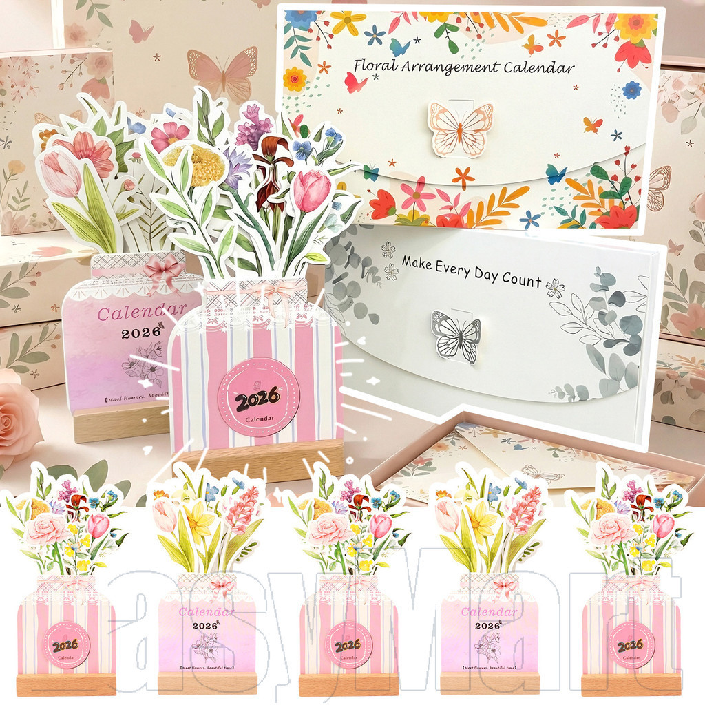 3D Floral Desk Calendar 2026 | Paper Craft Flower Calendar with Wooden ...