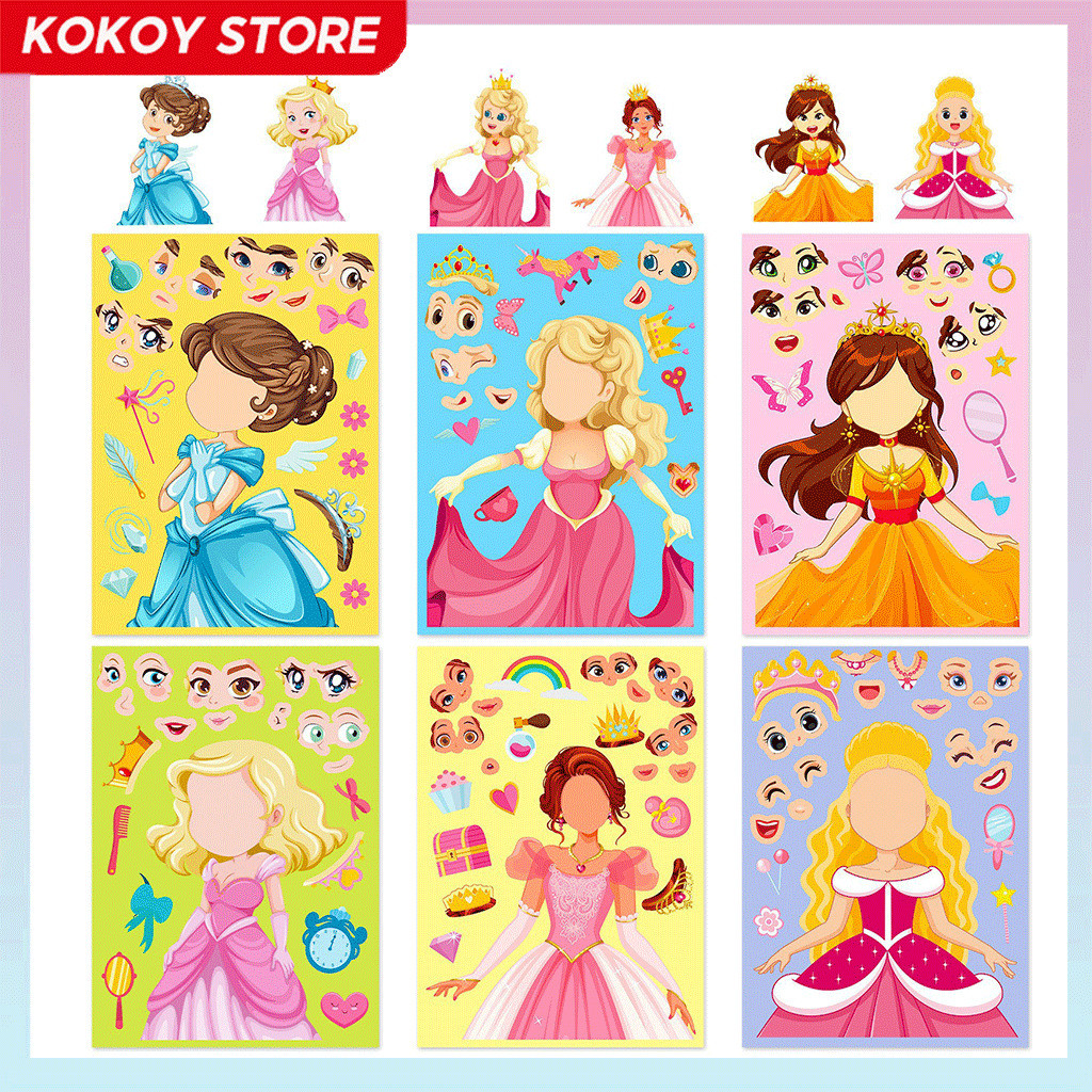 6Pcs/Pack Princess face Changing Stickers Puzzle Stickers Cartoon ...