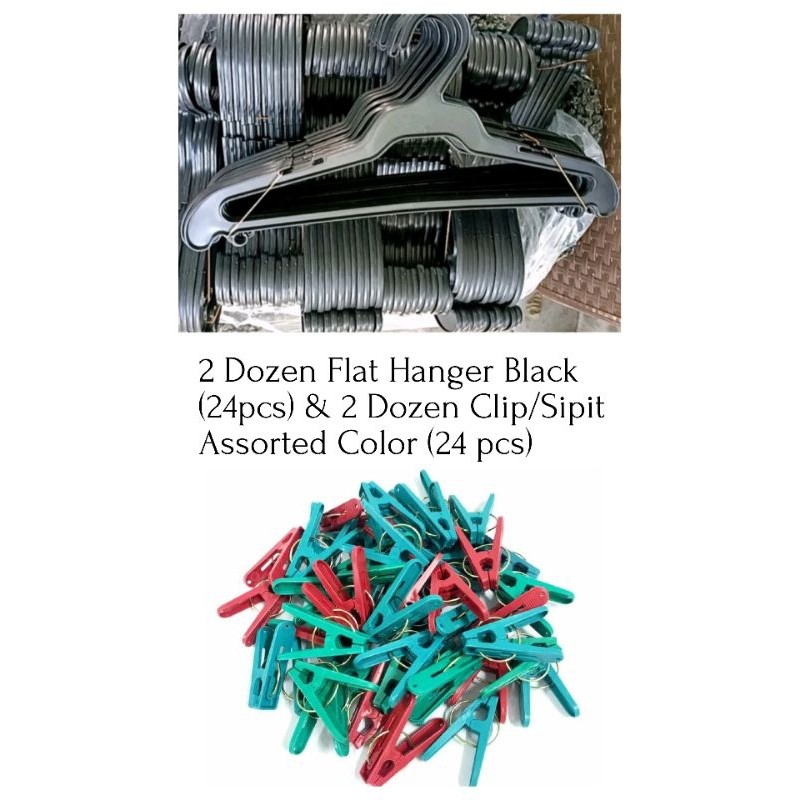 2 Dozen Flat Hanger Black (24pcs) & 2 Dozen Clip/Sipit Assorted Color ...
