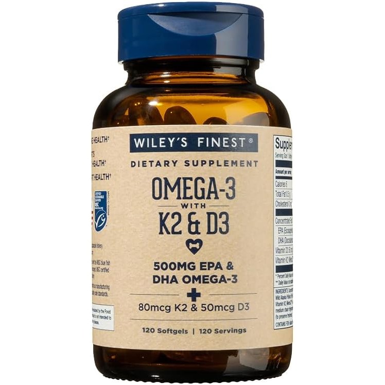 Wiley's Finest Wild Alaskan Fish Oil Vitamin K2 & D3 Softgels - 500mg ...