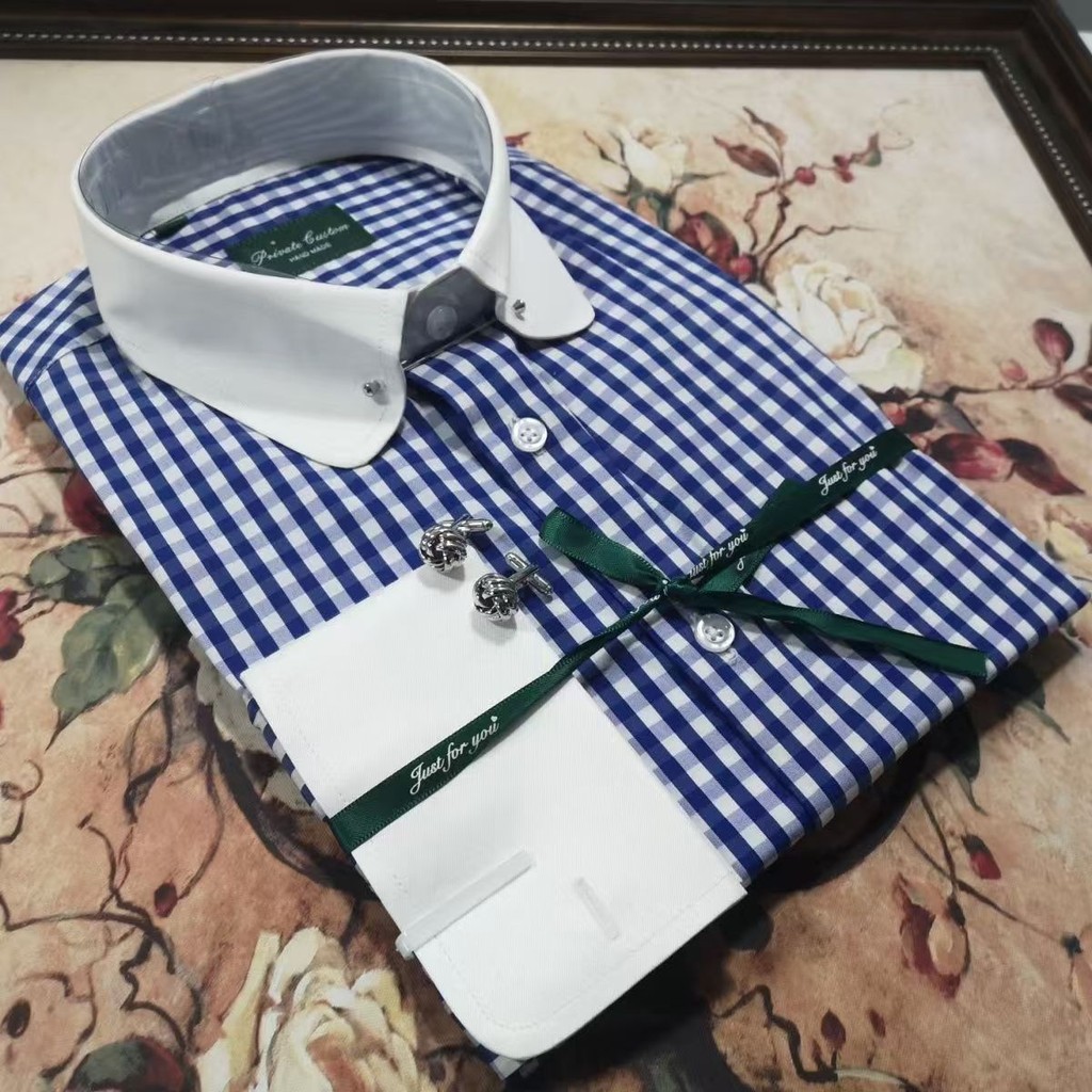 Round Neck Needle High Cotton Micro-Elastic Plaid Blue French Cufflinks ...