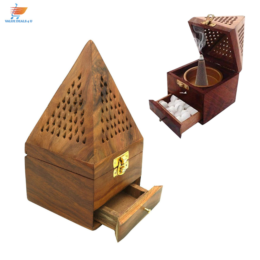 Handcrafted Wooden Pyramid Dhoop Burner Box with Drawer – Incense Stick ...