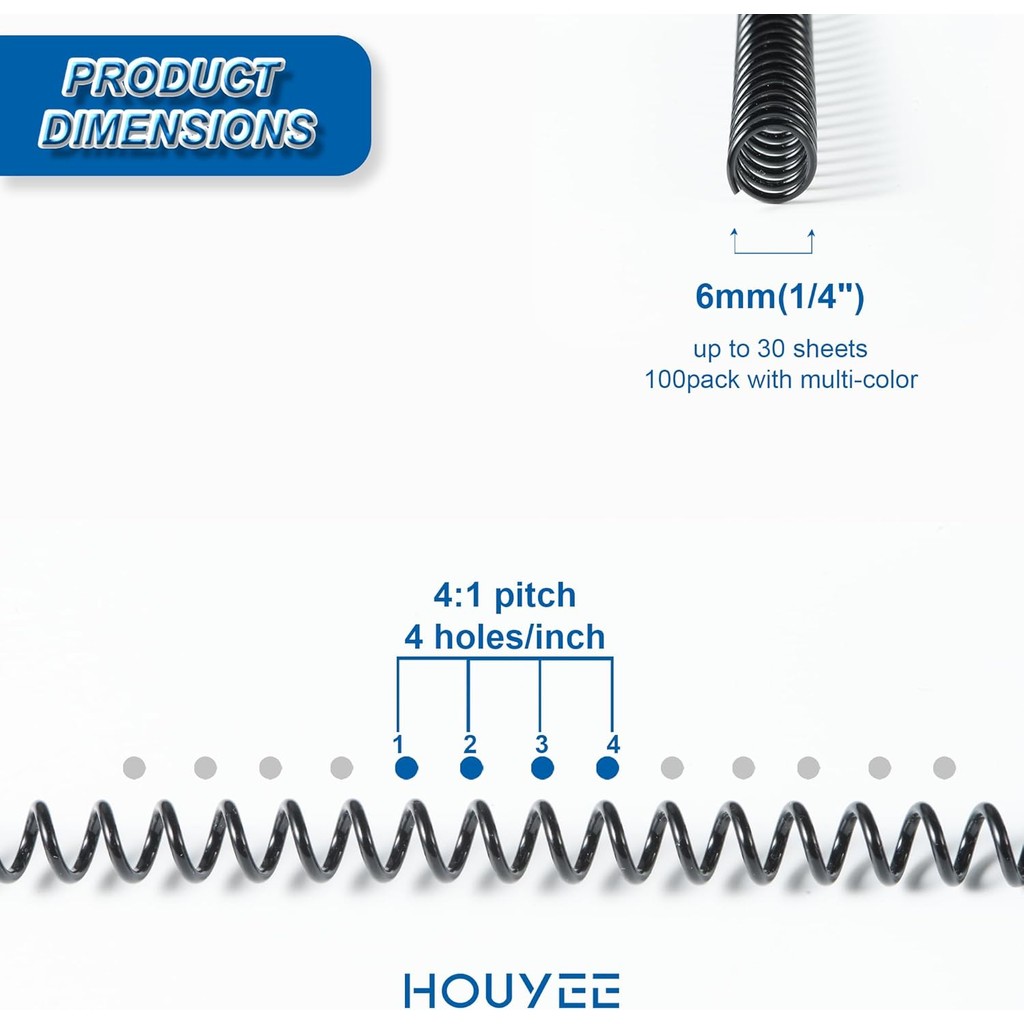 HOUYEE 100 Pack Plastic Spiral Binding Coils,6mm(1/4 Inch),30 Sheet ...