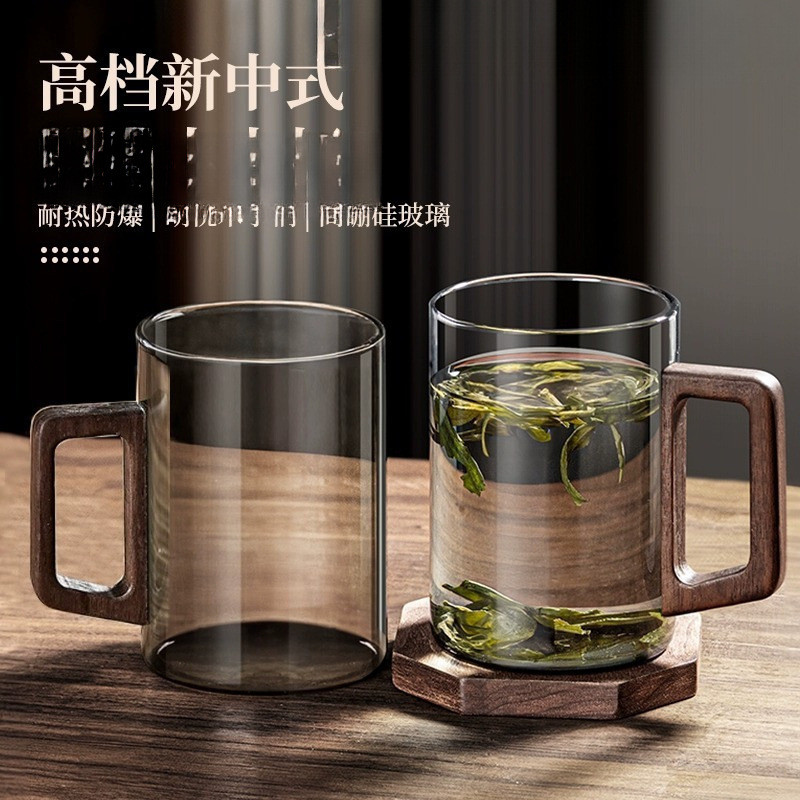 High Borosilicate Heat-Resistant Solid Wood Handle Water Cup Coffee Cup ...