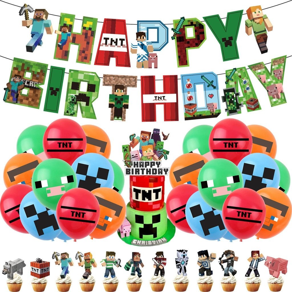 Minecraft Game Theme Birthday Party Supplies Pixel Creeper Pull Flag ...