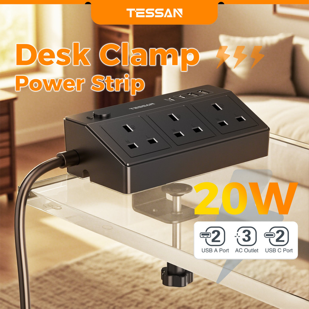 TESSAN Desk Clamp Extension Plug 1.8M Cord Socket Adapter with USB Type ...