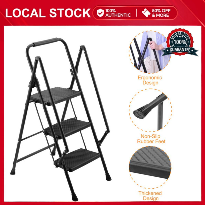 3 Steps Folding Ladder with Handrails Portable Carbon Steel Step Stool ...