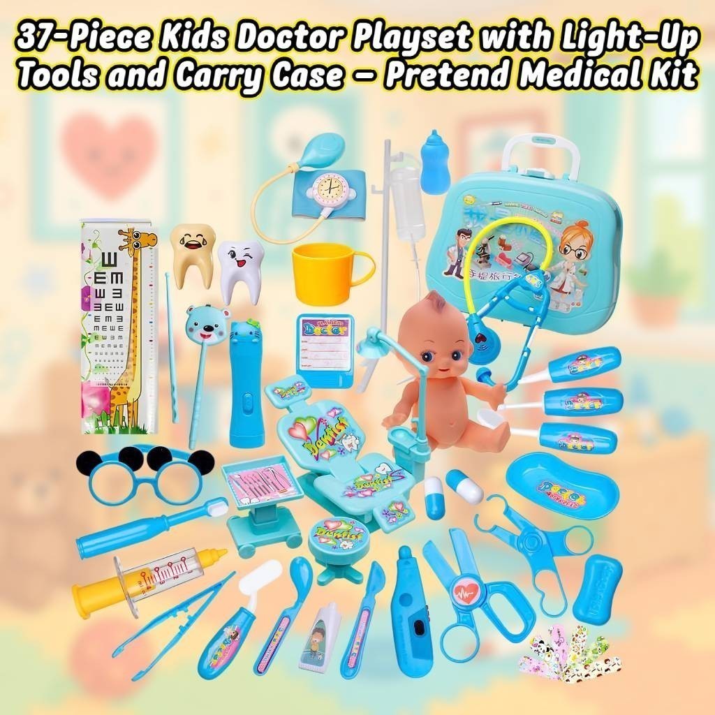 37-Piece Kids Doctor Playset with Light-Up Tools and Carry Case ...