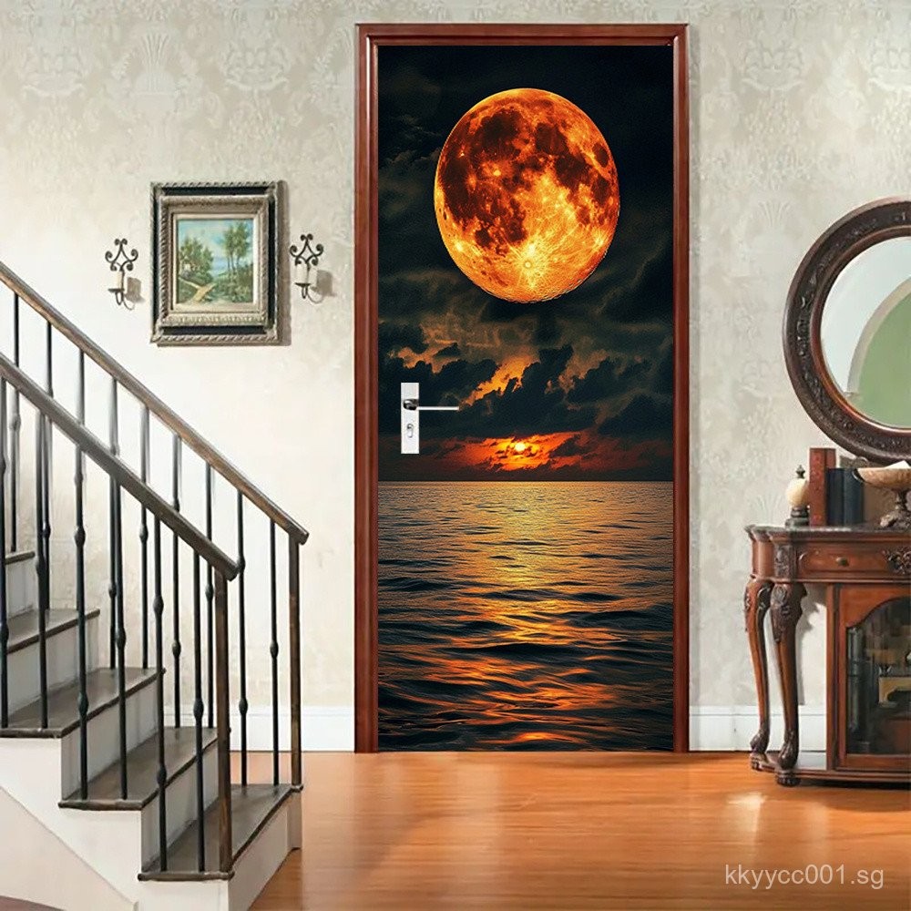 1pc Modern Self-Adhesive Moon and Ocean Door Mural, Removable ...
