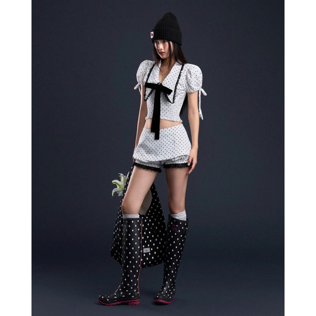 So Dópe Club - Puff sleeve polka dot crop top with bow and polka dot ...