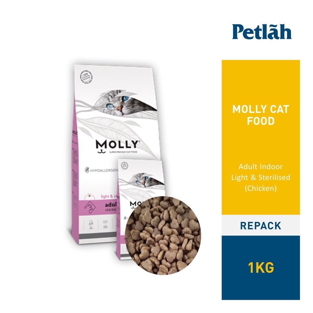 Molly Cat Dry Food Adult Indoor Light & Sterilised Chicken 1kg (Repack ...