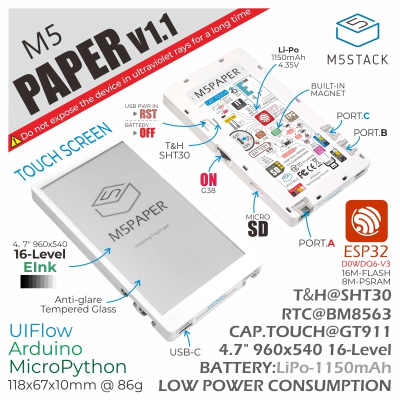 Official M5Stack M5PaperV4 16cm Electronic Touch Ink Screen ESP32 ...