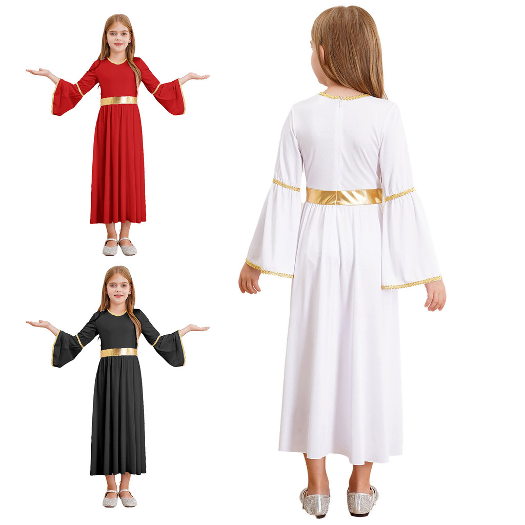 YiZYiF Girls Angel Cosplay Costume Angel Dress Long Sleeve Gold Trim ...