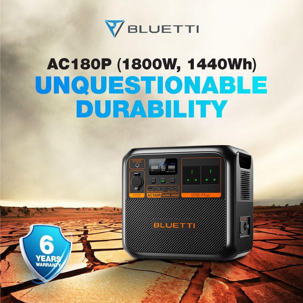 BLUETTI AC180P Portable Power Station 1440Wh LiFePO4 LFP Surge AC Solar Generator (1800W/2700W ...