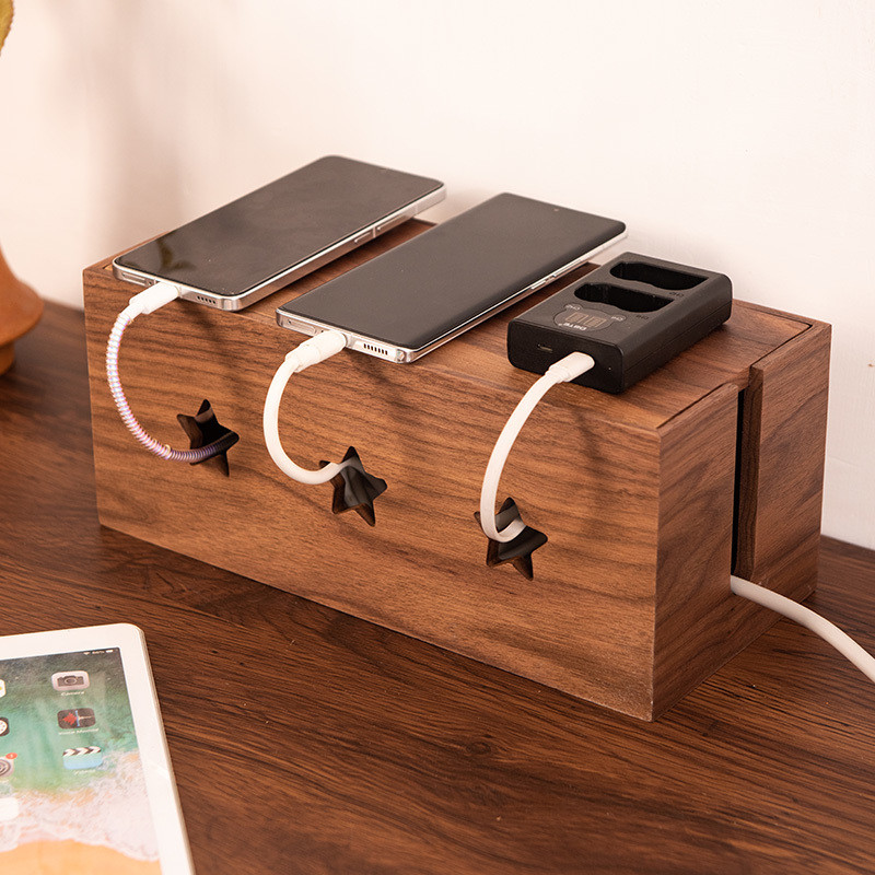 Solid Wood Power Strip Board Storage Box Desktop Power Socket Power ...