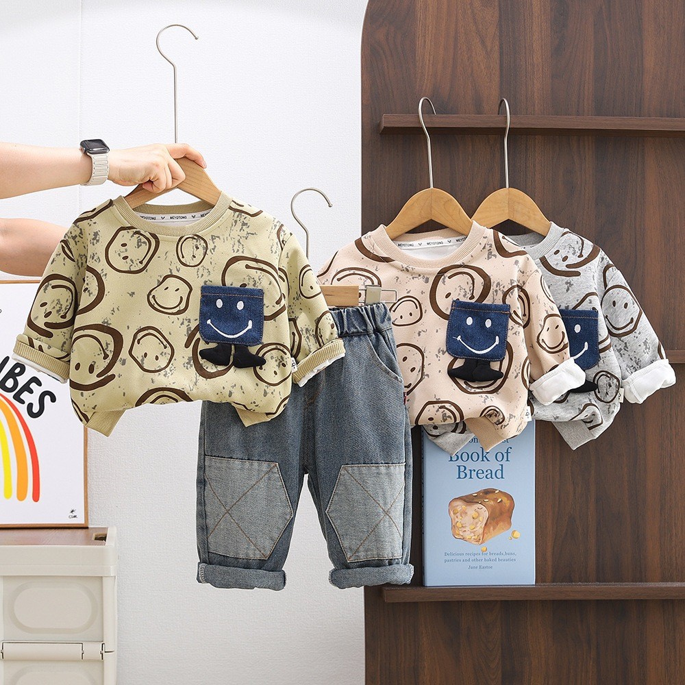 Premium Boys' Sweater Set with Full Emoji Smile Pattern and Long Pants ...