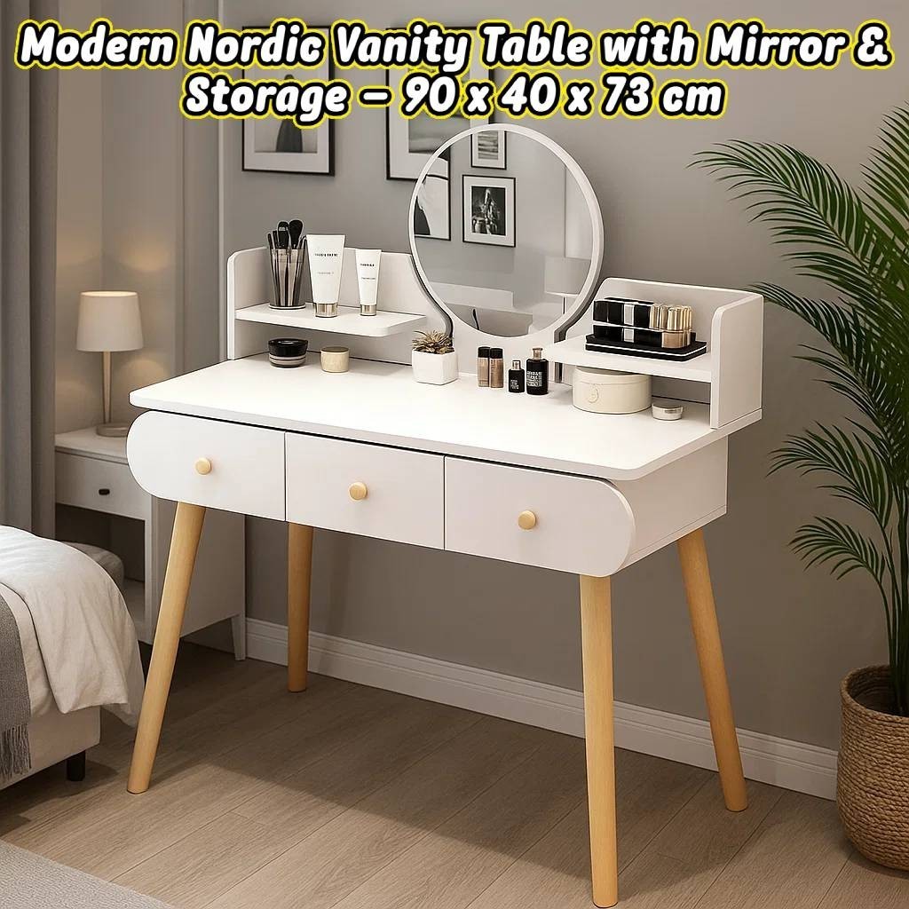 Modern Nordic Vanity Table with Mirror & Storage – 90 x 40 x 73 cm ...
