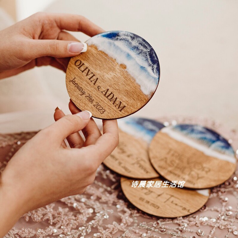 Personalized Customized Text Wooden Coaster Wave Theme Wedding ...