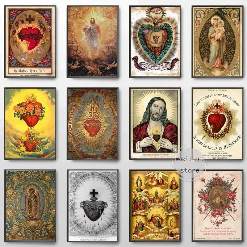Religion Canvas Painting Retro Sacred Heart of Jesus Blessed Virgin ...
