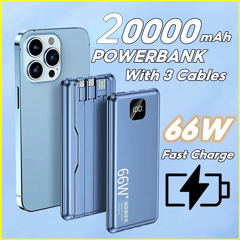 Power Bank 20000mAH 66W Super Fast Charge With 3 Cable PowerBank LED ...