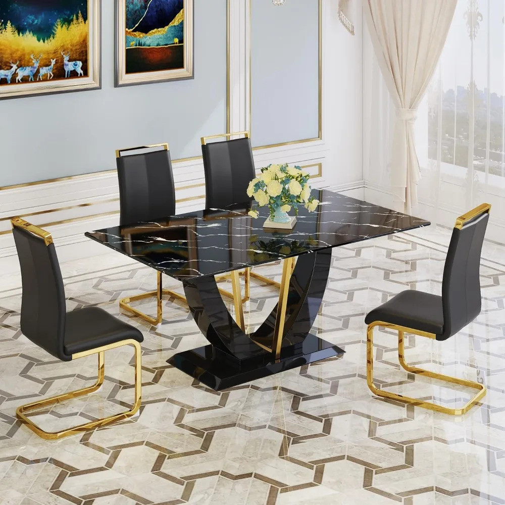 71 Modern Dining Room Table Set For 6, Black Marble Faux Kichen Table ...