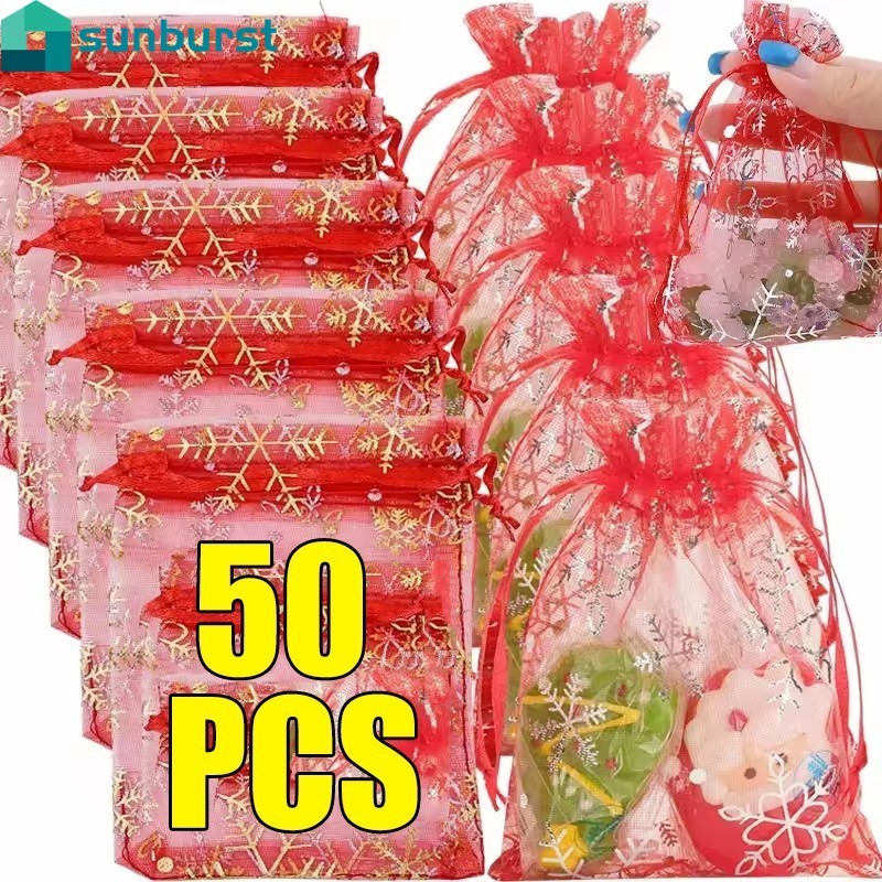 10/30/50Pcs Christmas Gold Transparent Organza Mesh Gift Bag - Jewelry ...