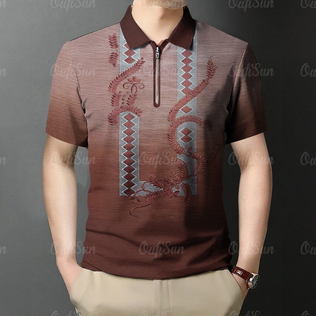 2025 Men's retro balong zipper polo shirt gradient casual short-sleeved ...