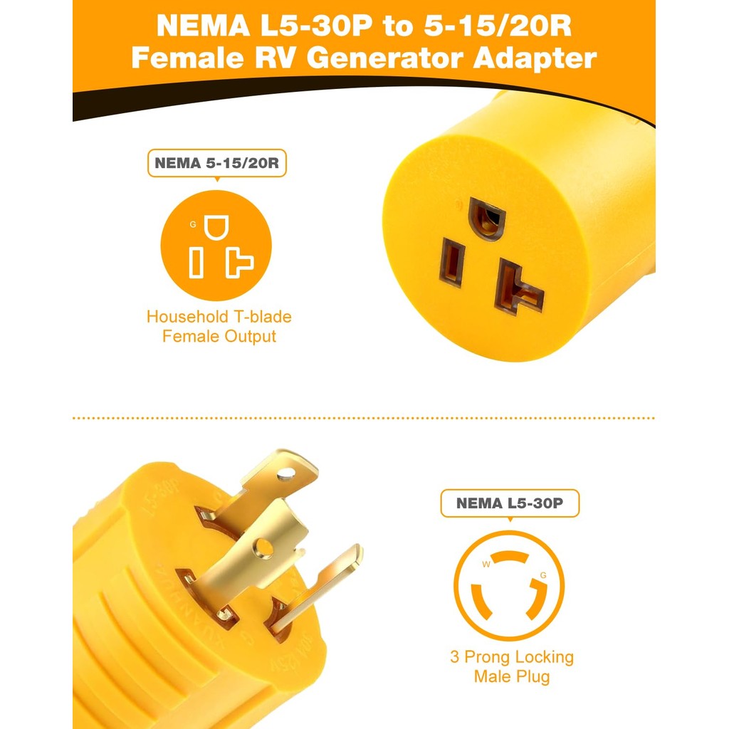 NEMA L5-30P to 5-15/20R Female RV Generator Adapter 30A to 110V 15 Amp ...