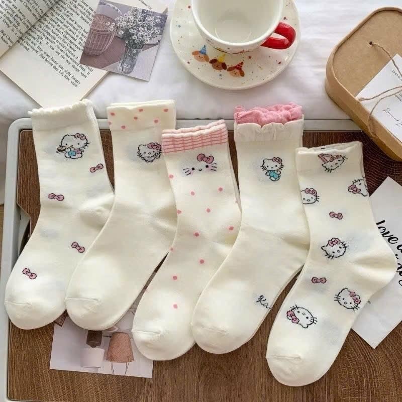 Set of 10 Pairs of Socks/Pink Cat Pattern High Collar Cute Elastic ...