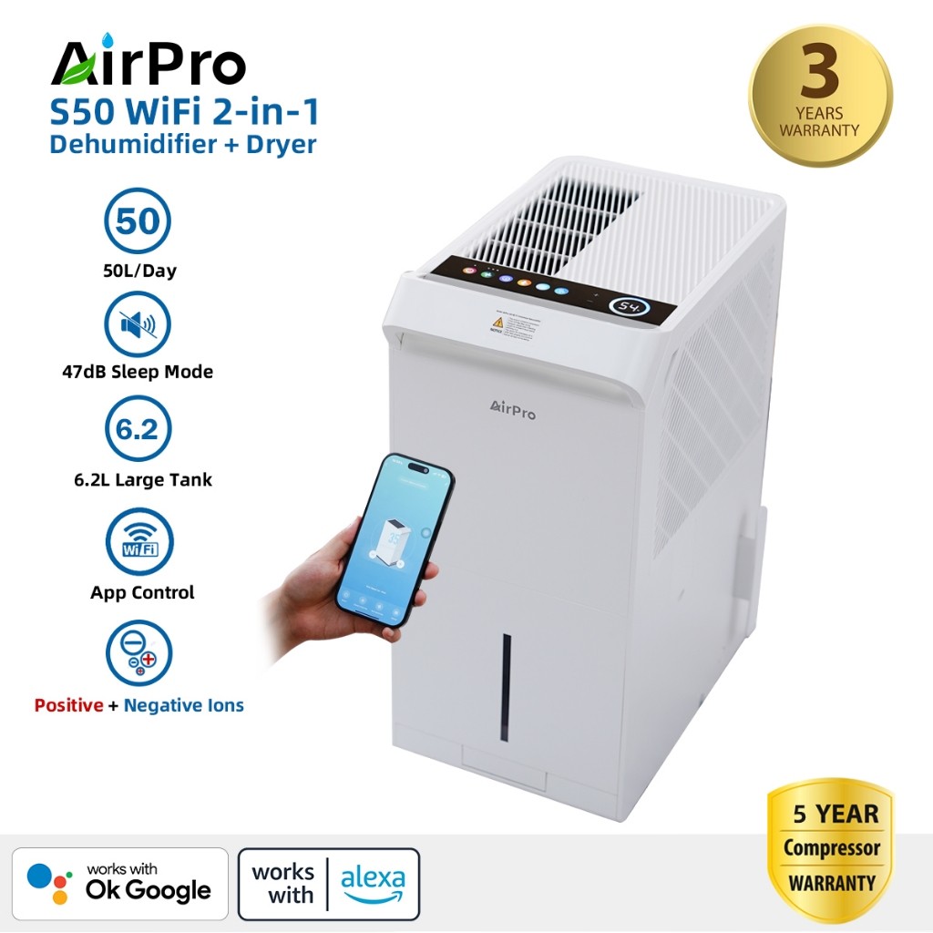 Dehumidifier & Clothes Dryer 2-in-1 AirPro S50 | 50L/Day Compressor | WiFi Control | Positive ...