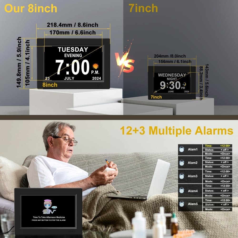8inch Extra Large Impaired Vision Digital Alarm Clock with Day and Time ...