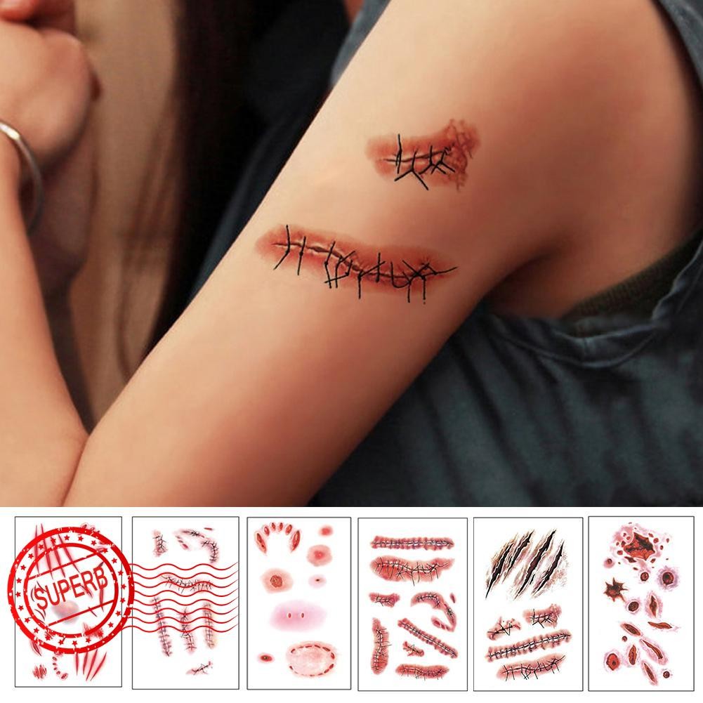 Halloween Scar Tattoo Stickers Scary Realistic Fake Blood Masquerade ...