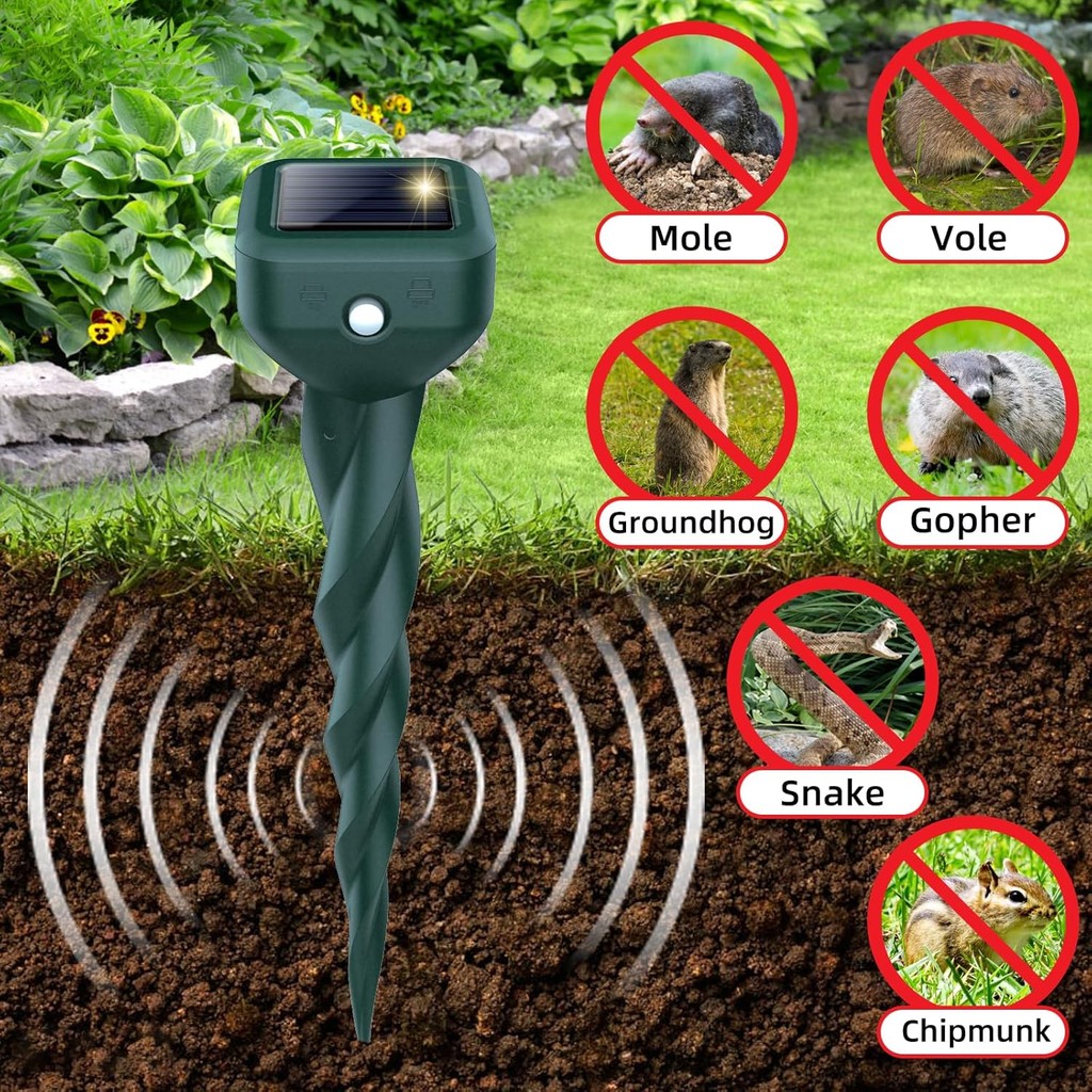 Mole Repellent Solar Powered, 4 Pack Waterproof Ultrasonic Deterrent ...