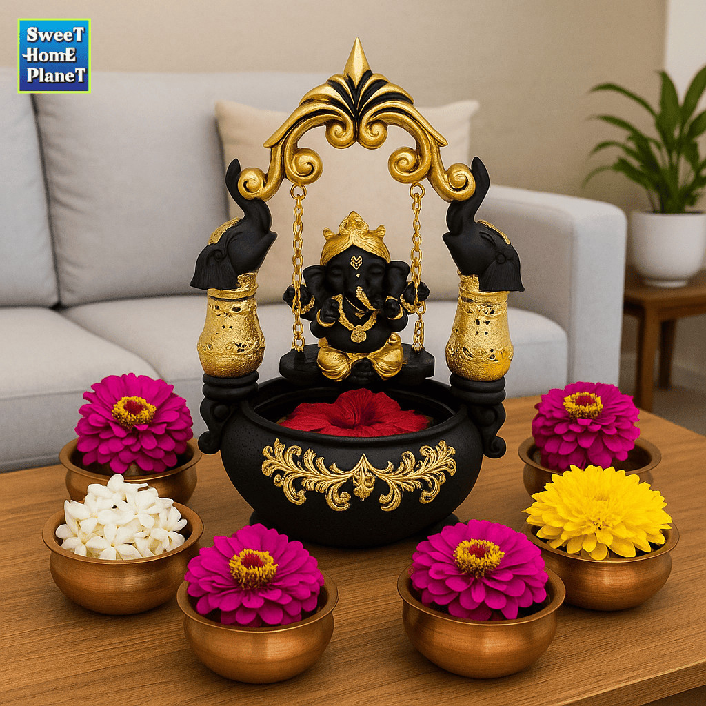 Ethnic Black Gold Swing Ganesha Flower Uruli Showpiece Uruli for Home ...
