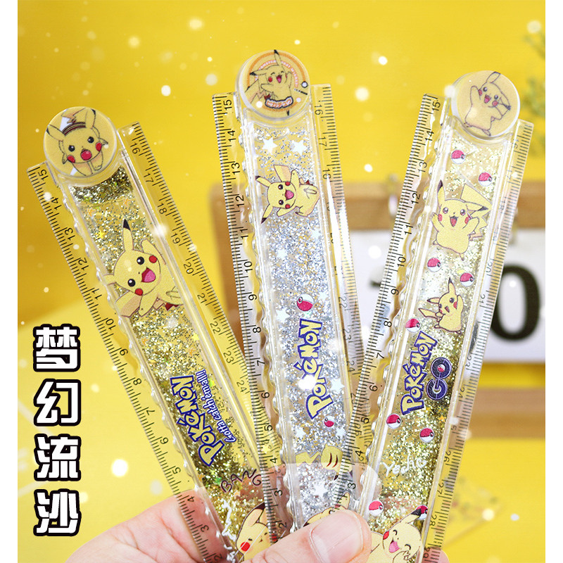 新品现货皮卡丘折叠尺子宠物小精灵流沙直尺男女孩学生带波浪线减压入油款Pikachu Folding Ruler Pokemon Sands ...
