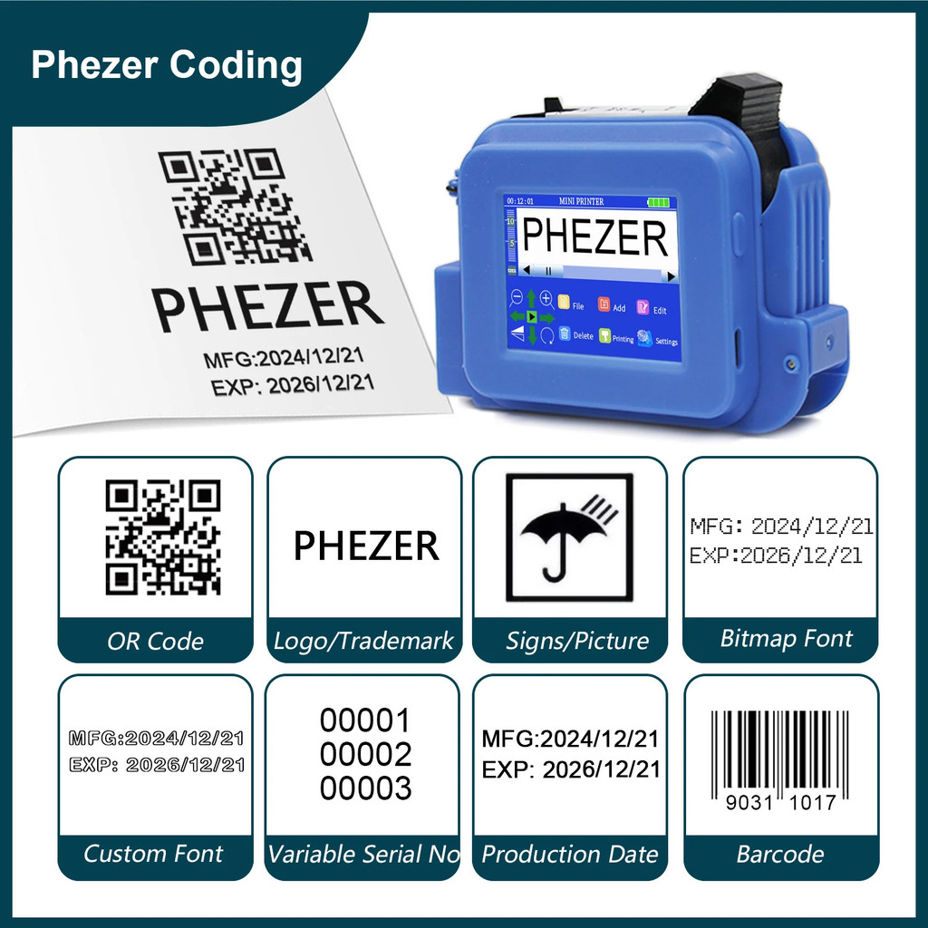 Phezer Pc13plus 12.7mm Mini Printer Portable Printer Qr Bar Batch Code ...