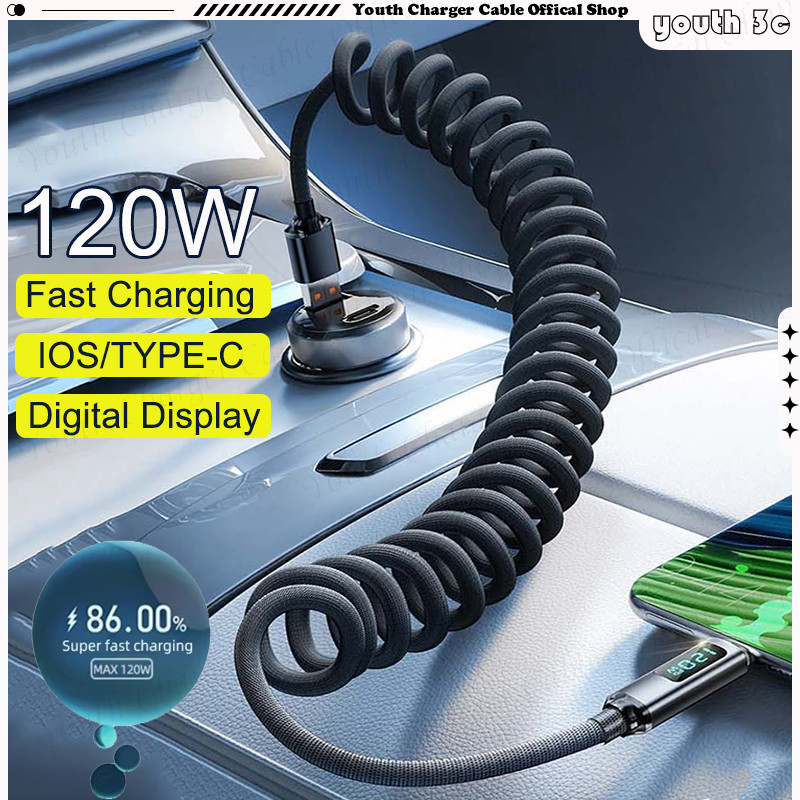 Digital Dispaly Coil Spring Car Charging Cable 120W Super Fast Charging ...