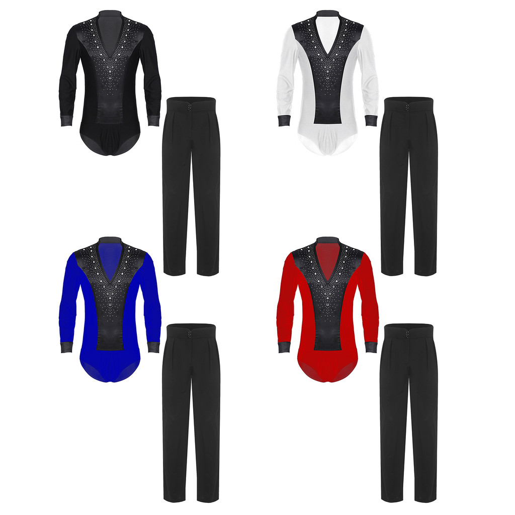 Jizyo Mens Latin Ballet Dance Outfits V Neck Long Sleeve Rhinestone ...