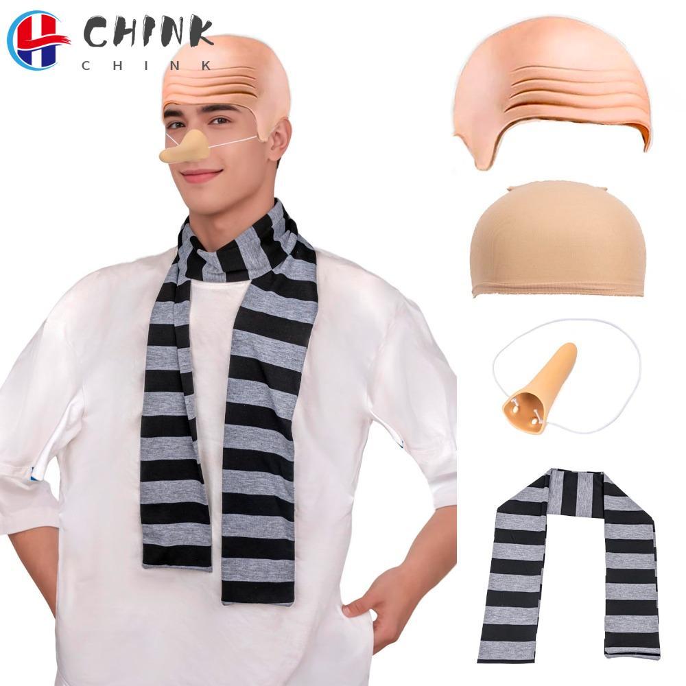 Chink 4-Piece Gru Kit - Fake Nose, Striped Scarf & Bald Cap | Halloween ...
