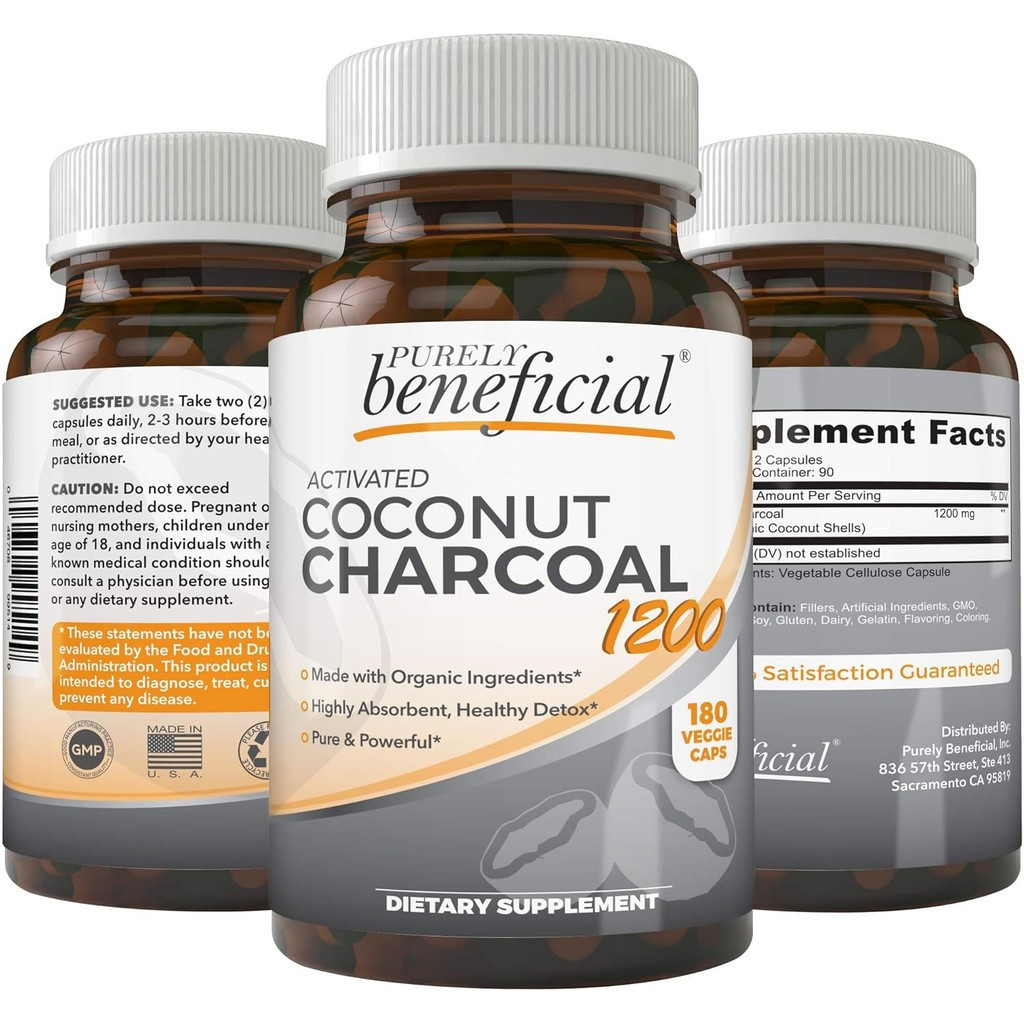 Activated Coconut Charcoal 1200mg, 180 Capsules - Pills for Digestive ...