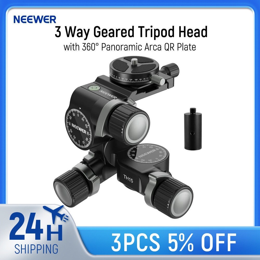 NEEWER 3 Way Geared Tripod Head with 360° Panoramic Arca QR Plate ...
