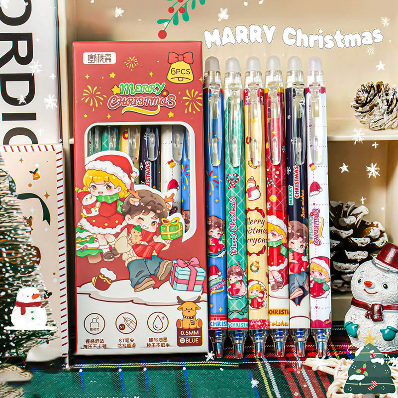 6pcs Christmas Erasable Gel Pen Set Cute Cartoon Blue Ink Pen with ...
