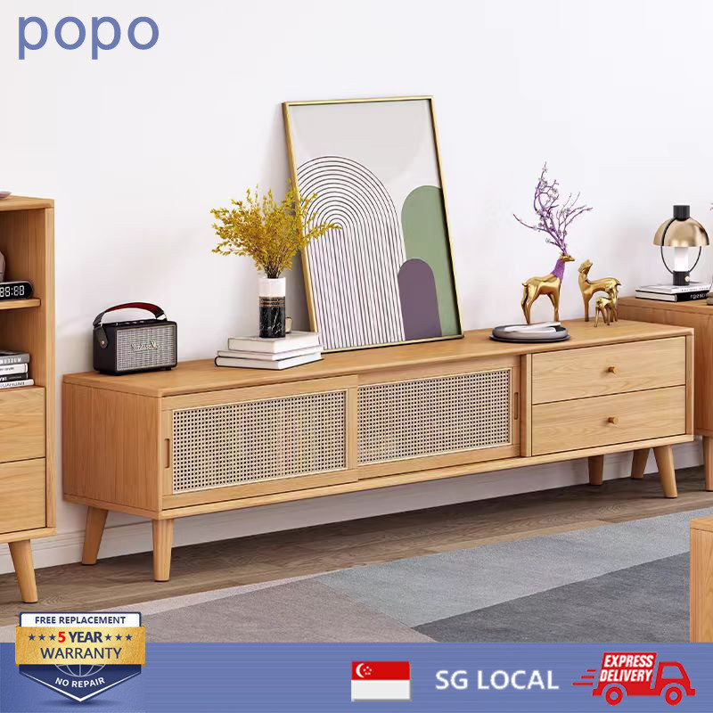 POPO Tv Console Solid Wood Coffee Table Rattan Storage Combination ...