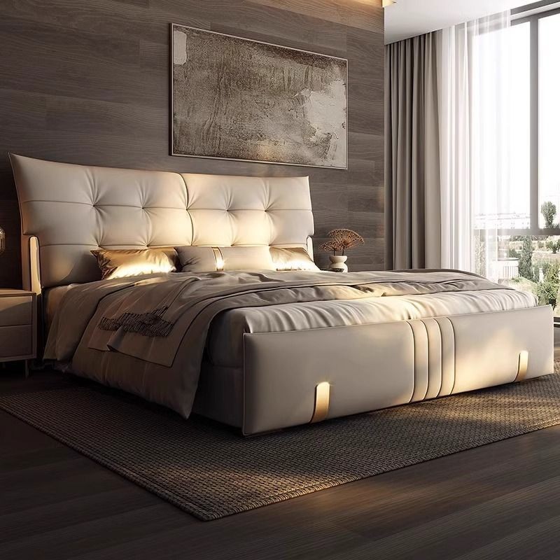 038 Luxury Napa Genuine Leather Bed Soft Cover Bed 167cm Standard Bed ...